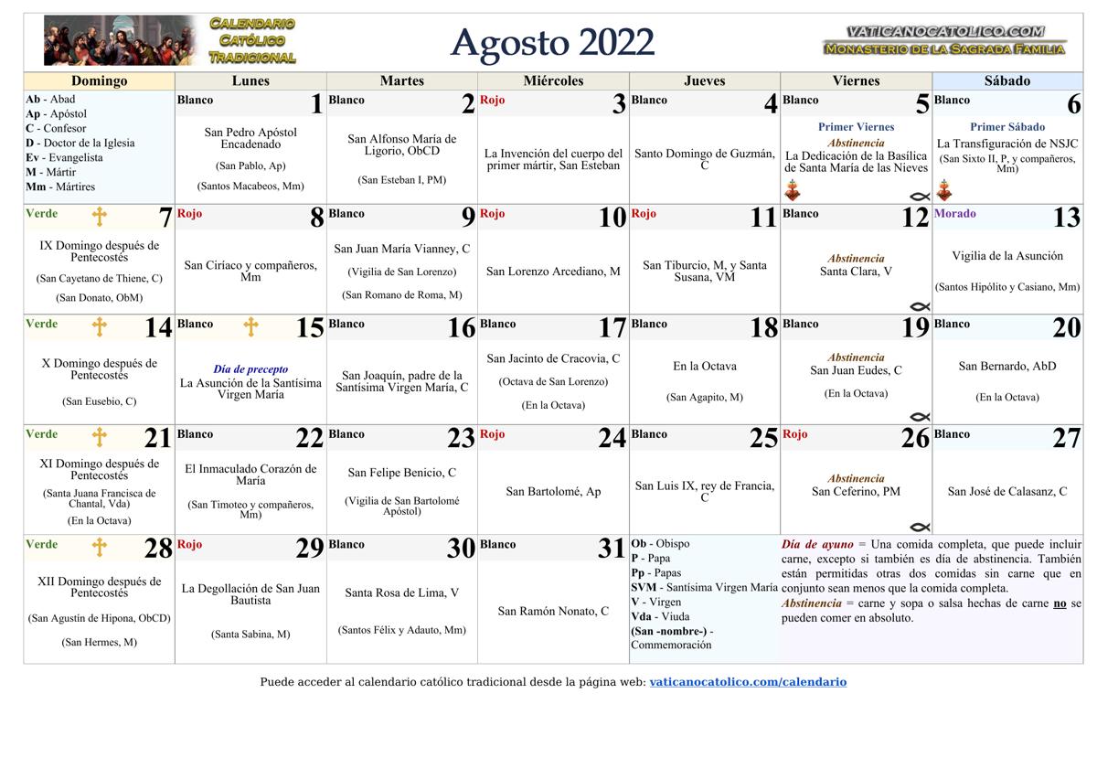 Calendario Católico Tradicional 2022 | Santoral Litúrgico