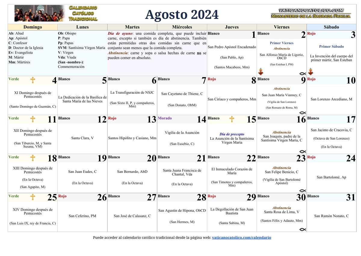 Calendario Católico Tradicional 2024 | Santoral Litúrgico