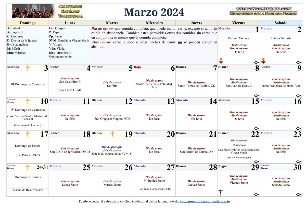 Calendario Católico Tradicional 2024 | Santoral Litúrgico
