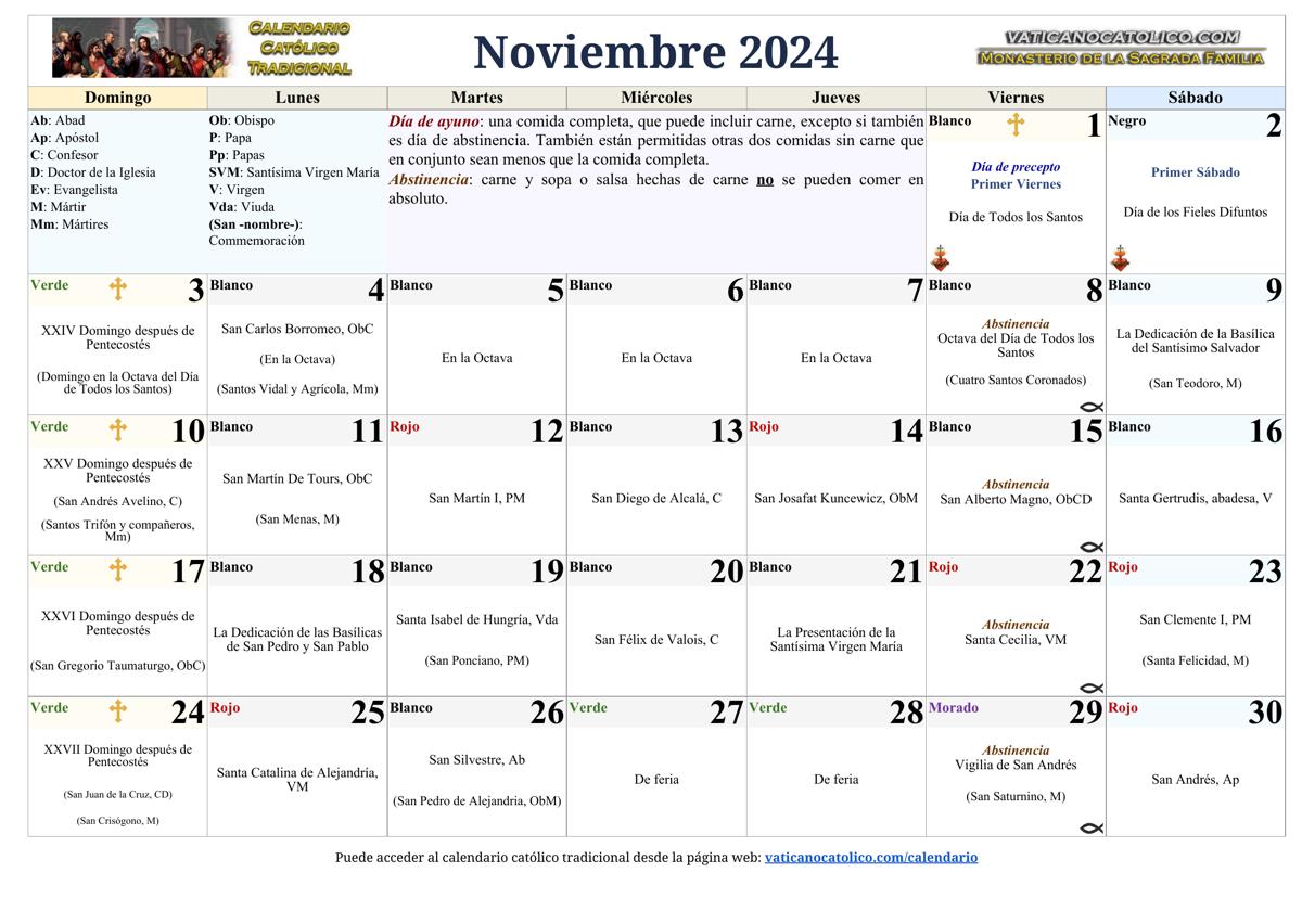 Calendario Católico Tradicional 2024 | Santoral Litúrgico